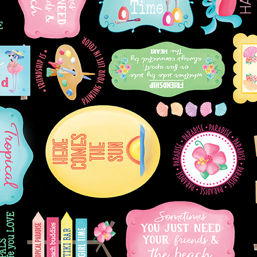 Flamingal Pals Quilt Fabric - Sun-Time Words in Black - 14306-12 – Cary ...