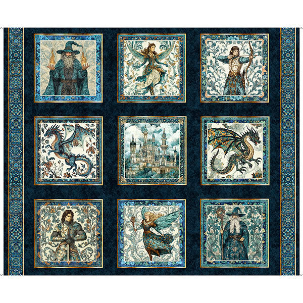 P437 - Folklore Quilt Fabric - Large Medieval Picture Patches in Dark ...