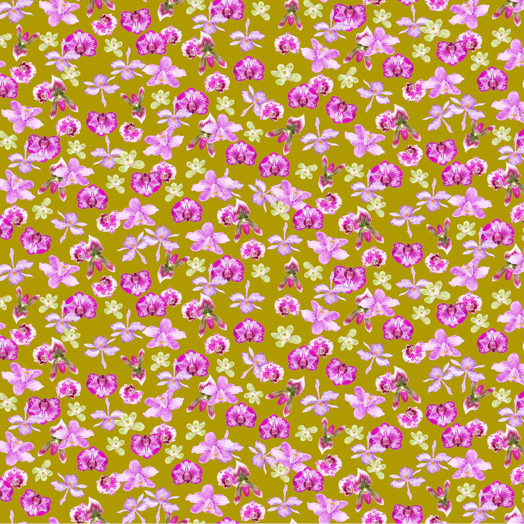Margo Quilt Fabric - Orchids in Mustard Gold - DP90801-52 – Cary ...
