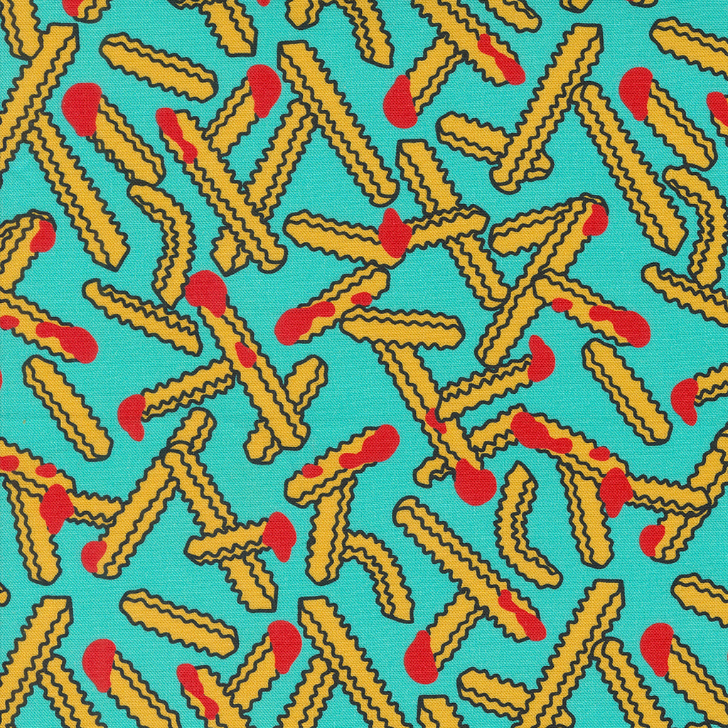 Snack Shack Quilt Fabric - Lay Off Me I'm Starving French Fries in Blu ...